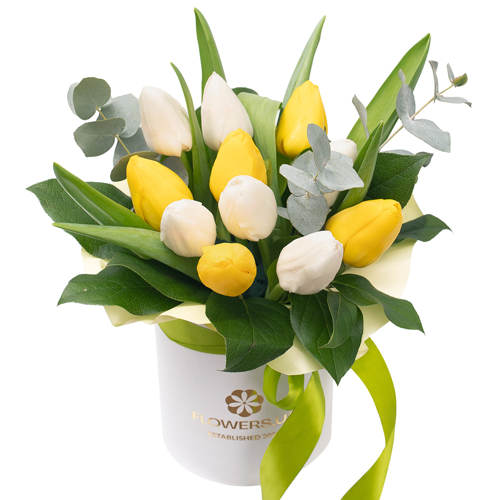 Order flower box “Sunny Joy” with 11 tulips — delivery in Kyiv